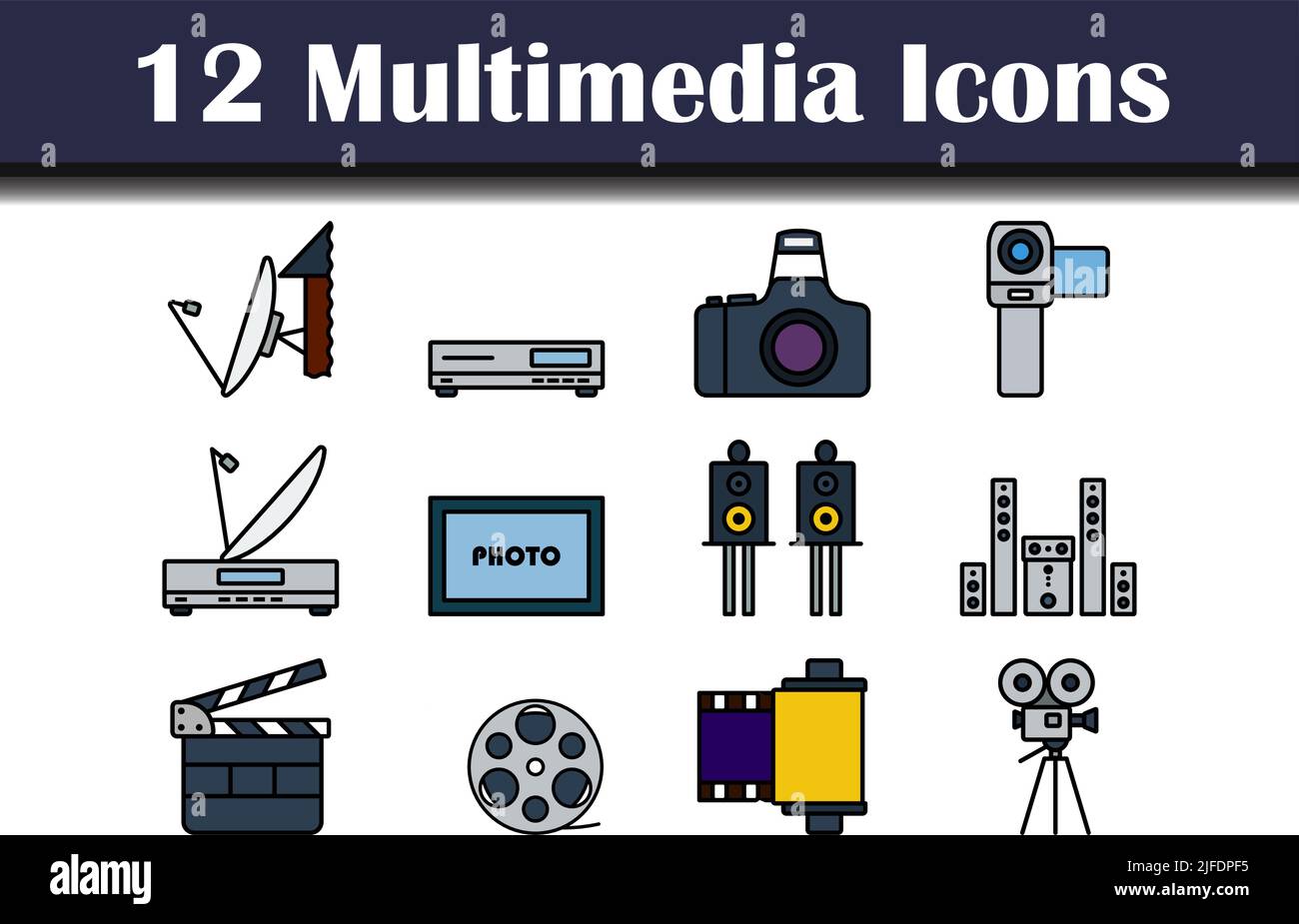 Multimedia Icon Set. Editable Bold Outline With Color Fill Design ...