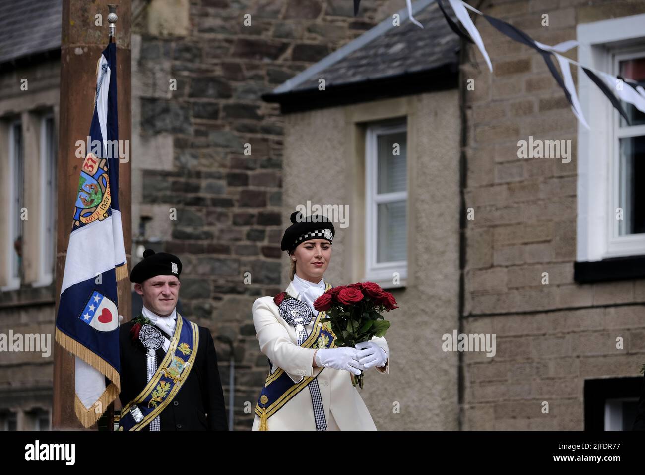 Galashiels, UK. , . Braw Lass Abbie Hood, at the Old Town cross where ...
