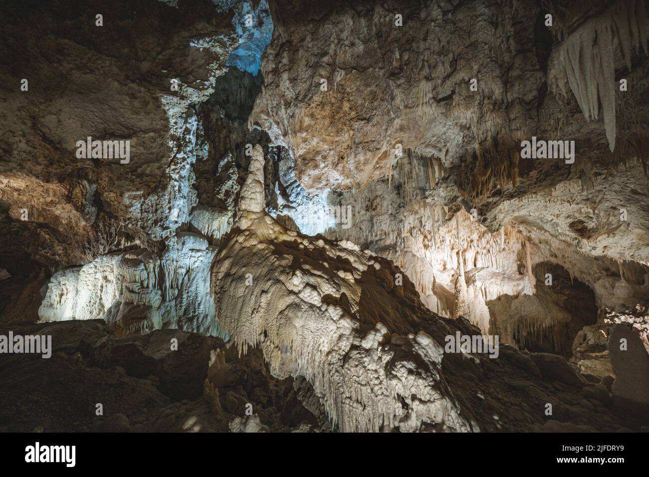 The view inside Frasassi Caves, a karst cave system in the municipality ...