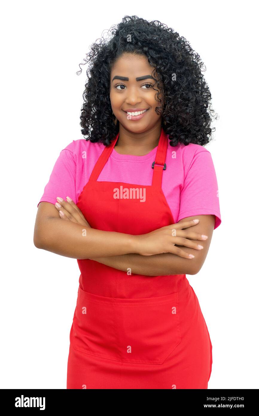 Beautiful brazilian waitress with red apron isolated on white ...