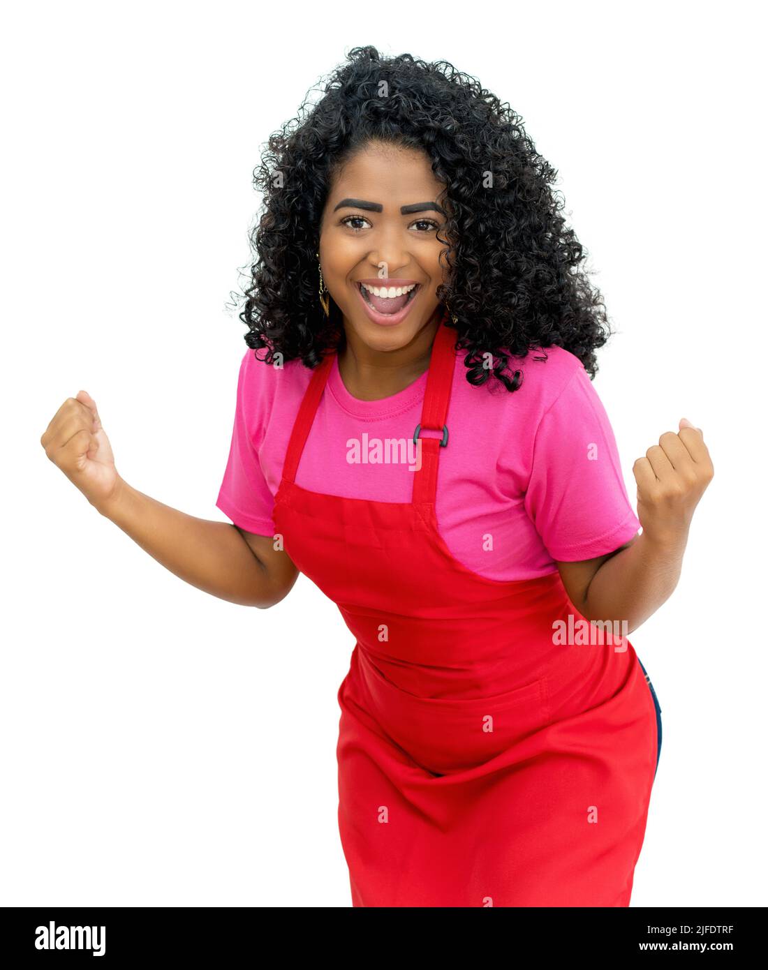Cheering brazilian waitress with red apron isolated on white background ...