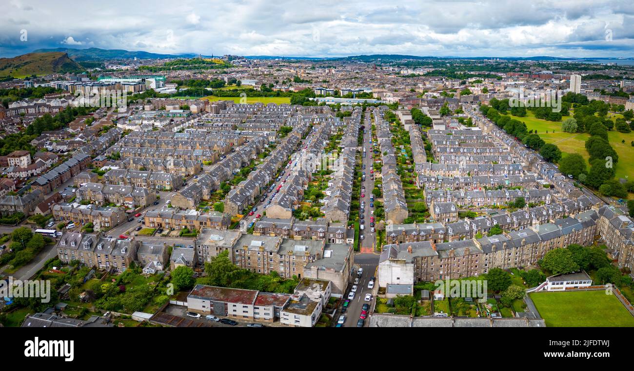 Aerial view from drone of dense residential housing estate in Leith ...
