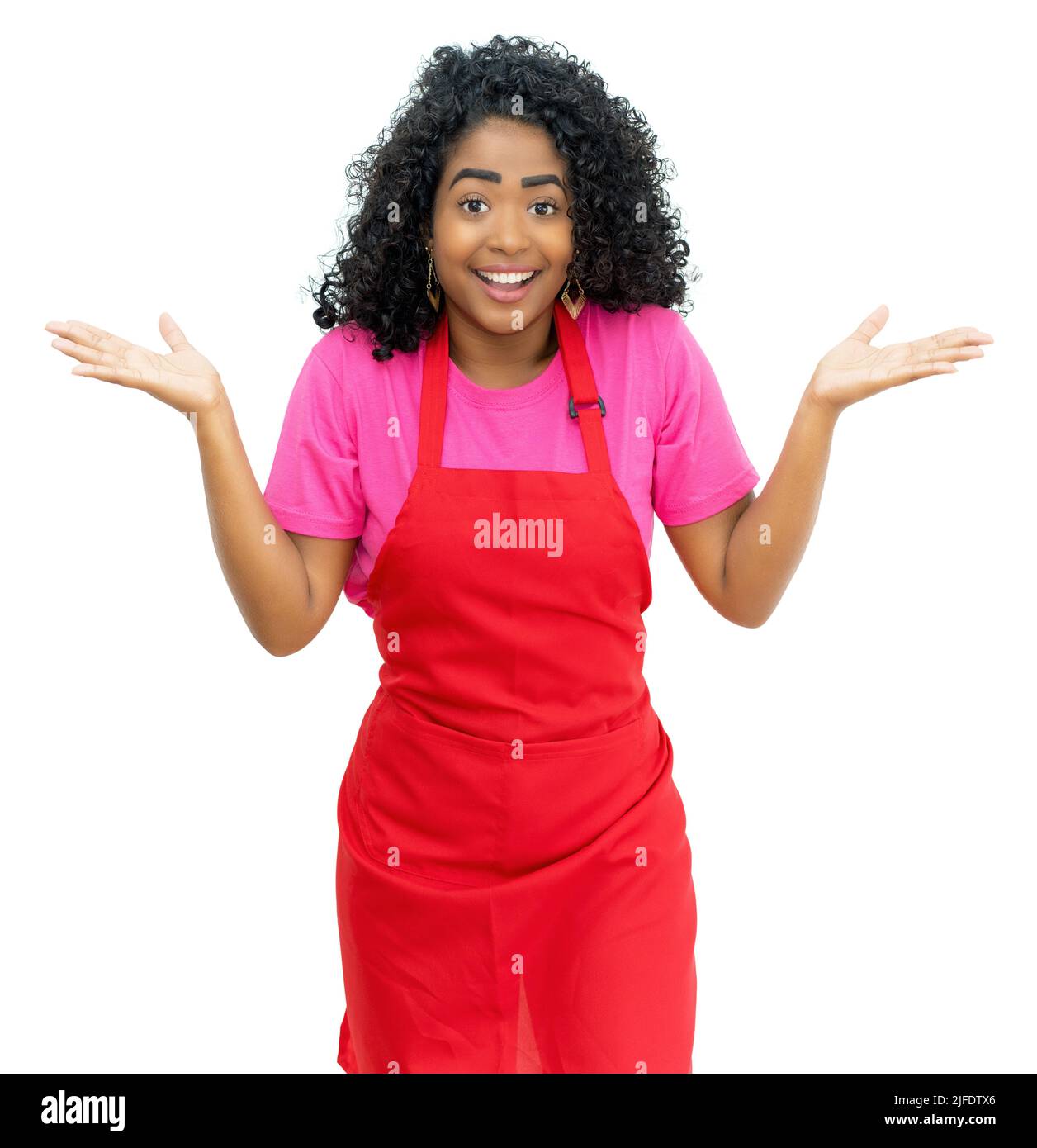 Young brazilian waitress with red apron isolated on white background ...
