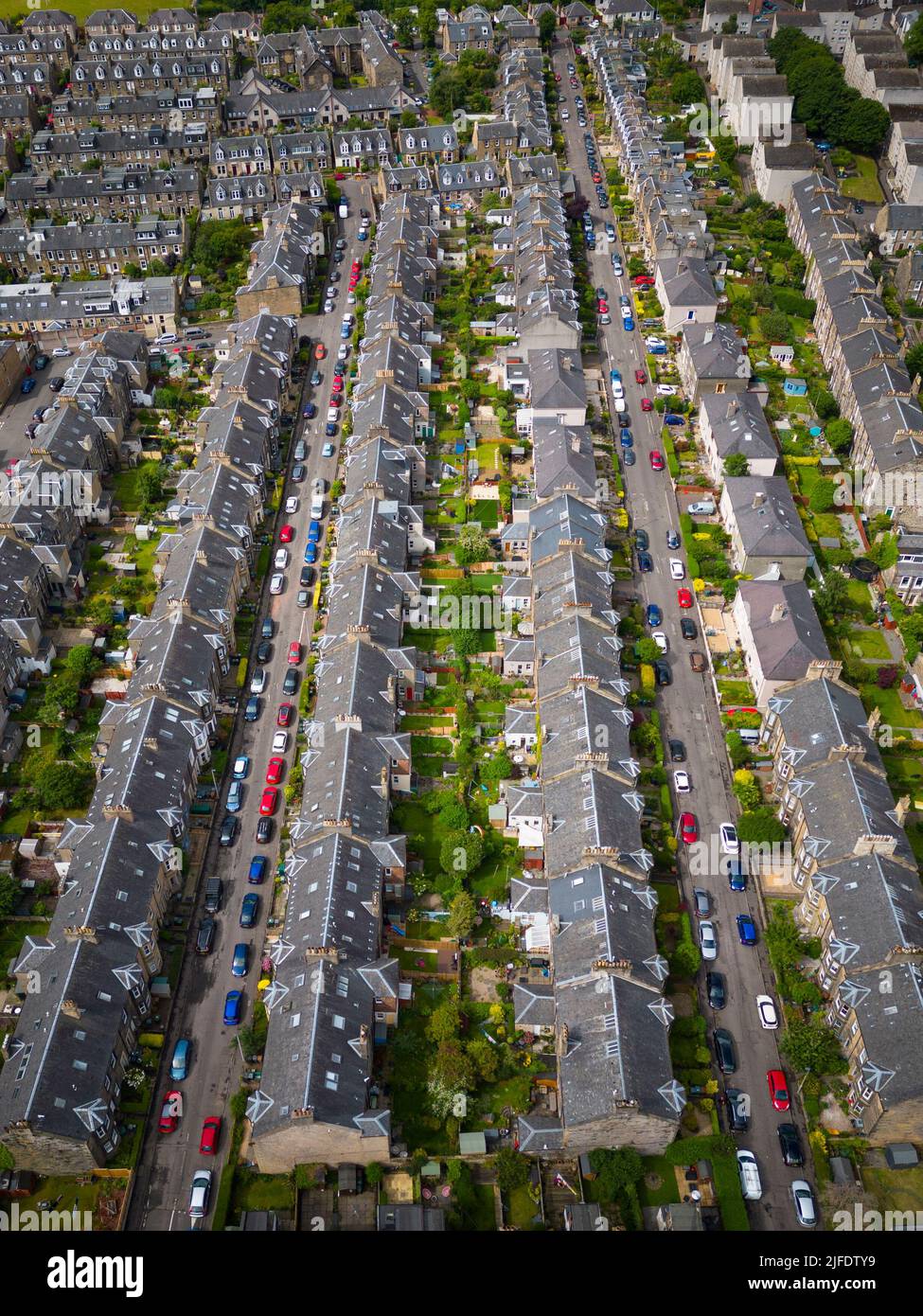 Aerial view from drone of dense residential housing estate in Leith ...