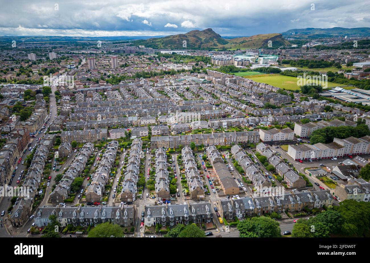 Aerial view from drone of dense residential housing estate in Leith ...