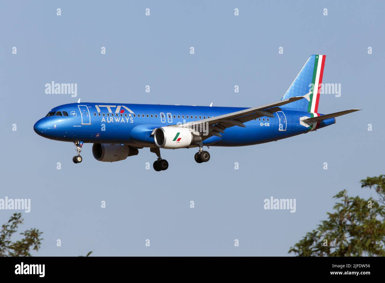 An ITA Airways Airbus A320 landing at Rome Fiumicino airport. Italia ...