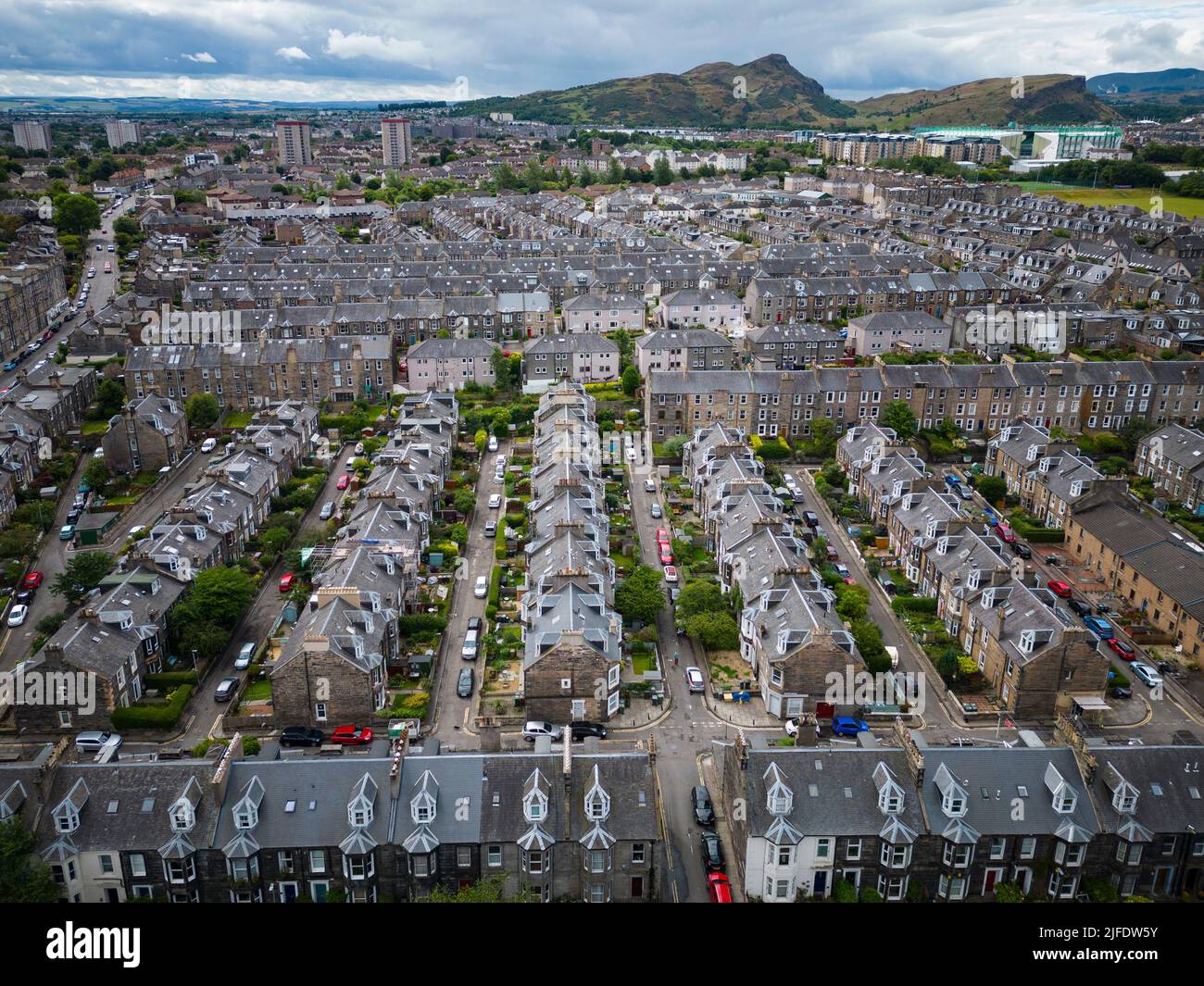 Aerial view from drone of dense residential housing estate in Leith ...