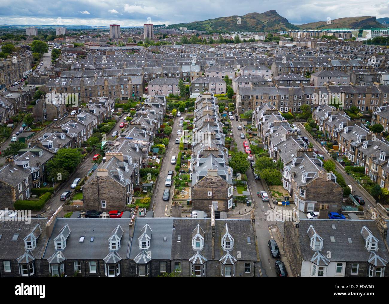 Aerial view from drone of dense residential housing estate in Leith ...