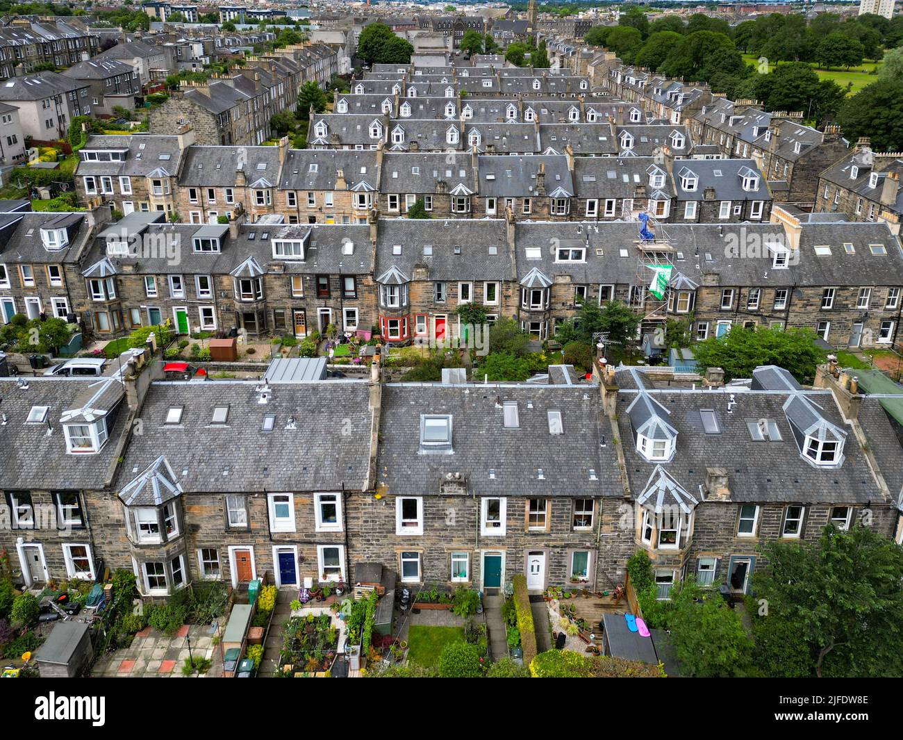 Aerial view from drone of dense residential housing estate in Leith ...