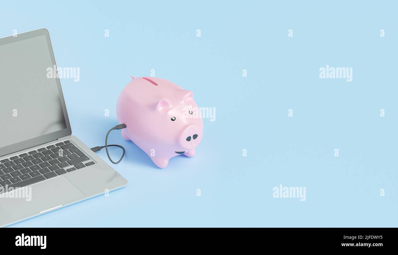 3D illustration of piggy bank connected to modern laptop via wire ...