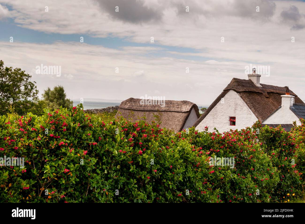 Irish thatched roof houses by Galway Bay in Salthill, Ireland Stock ...