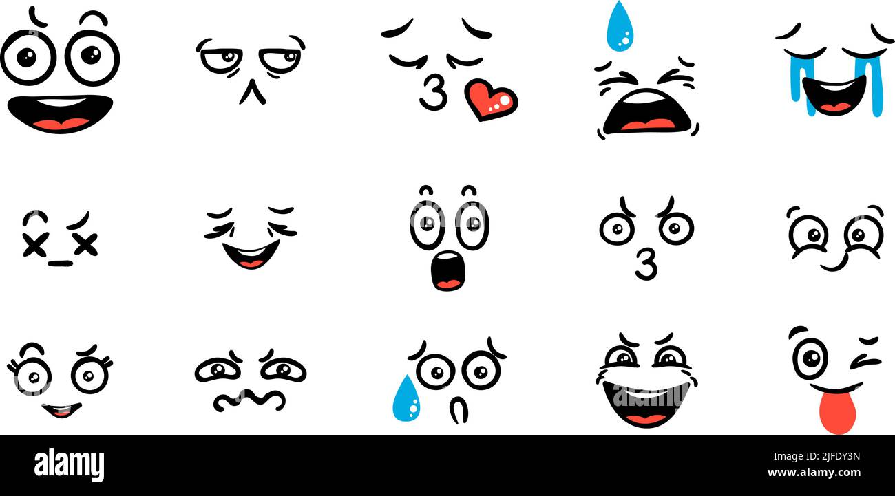 Various Cartoon Emoticons Set. Doodle faces, eyes and mouth. Caricature ...
