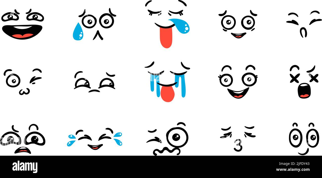Various Cartoon Emoticons Set. Doodle faces, eyes and mouth. Caricature ...