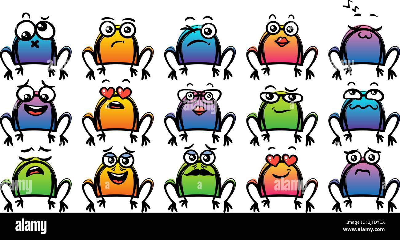 Various Cartoon Frogs Set. Doodle faces, eyes and mouth. Caricature ...