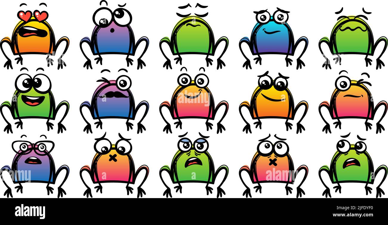 Various Cartoon Frogs Set. Doodle faces, eyes and mouth. Caricature ...