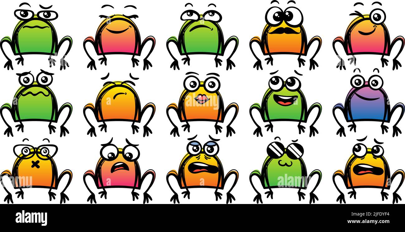 Various Cartoon Frogs Set. Doodle faces, eyes and mouth. Caricature ...