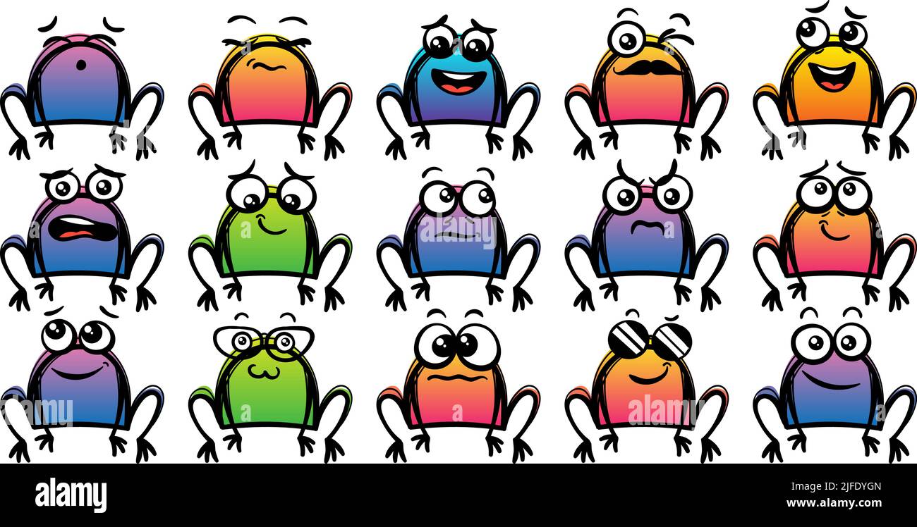 Various Cartoon Frogs Set. Doodle faces, eyes and mouth. Caricature ...