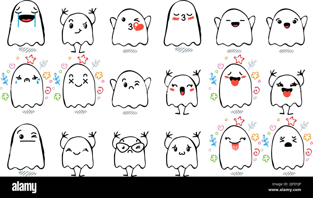 Set of Various Cartoon Ghosts with Emoticons. Doodle ghouls, eyes and ...