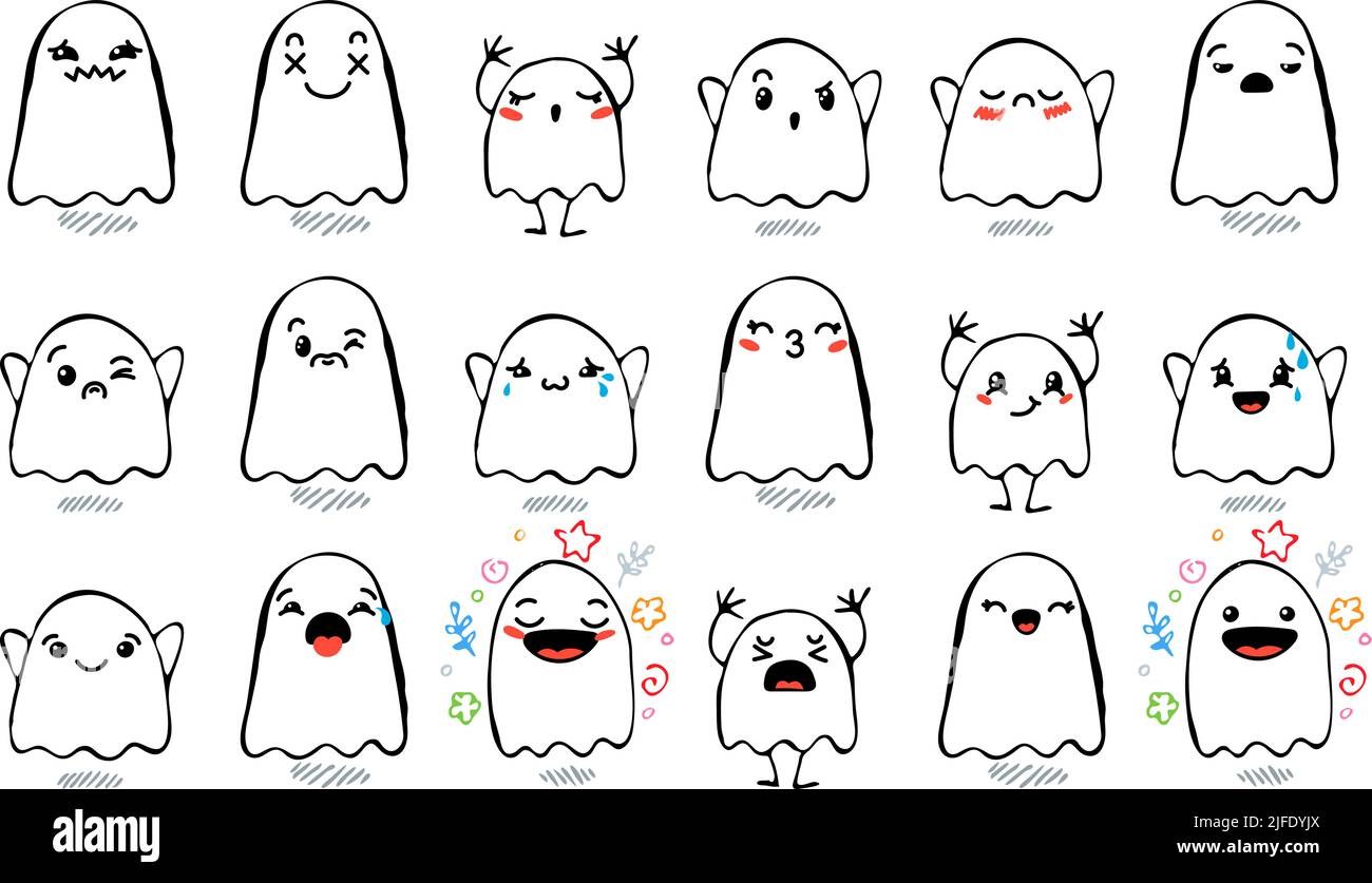 Set of Various Cartoon Ghosts with Emoticons. Doodle ghouls, eyes and ...