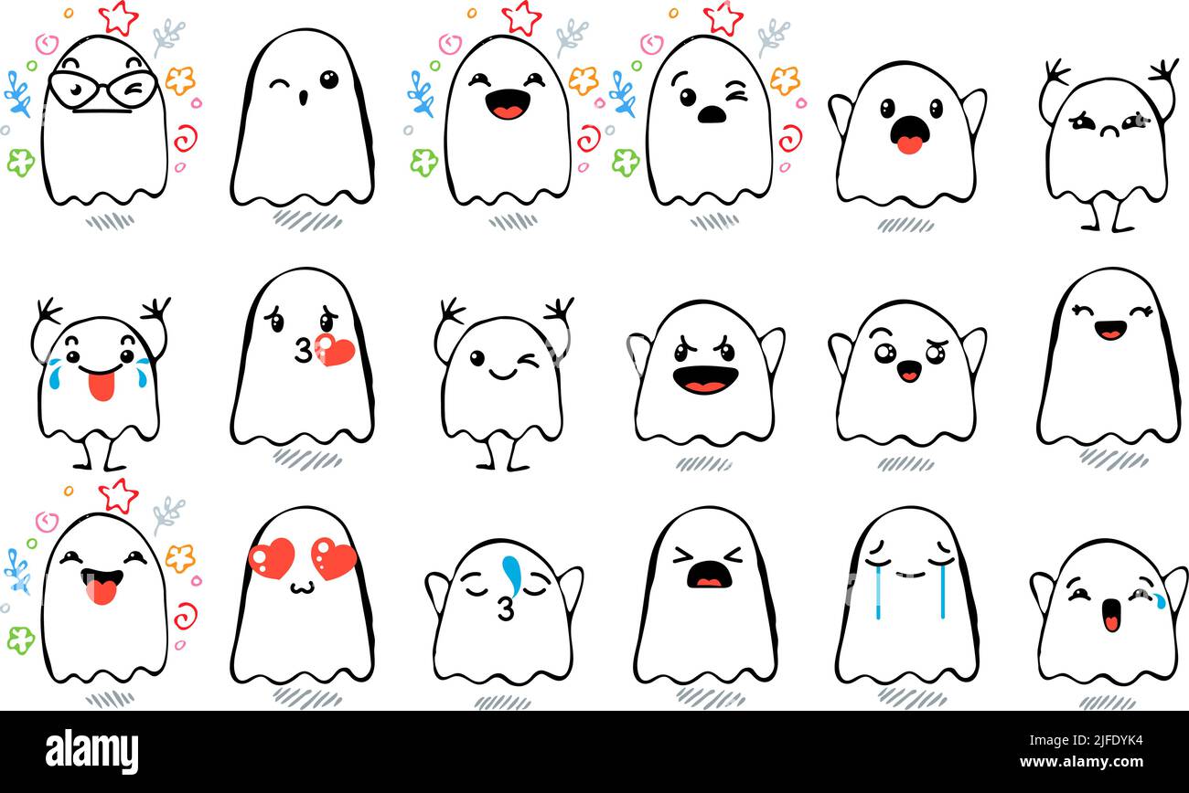 Set of Various Cartoon Ghosts with Emoticons. Doodle ghouls, eyes and ...