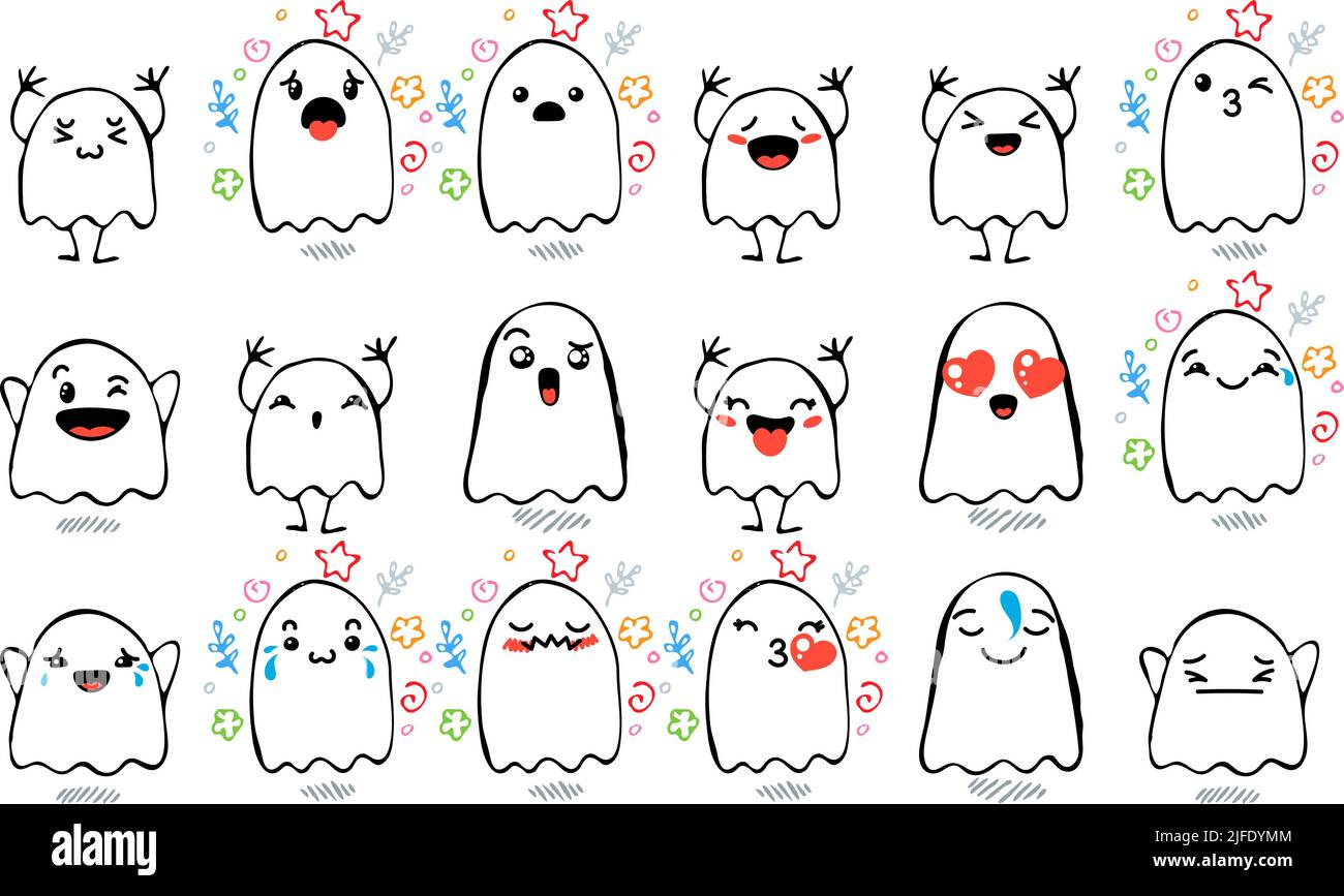 Set of Various Cartoon Ghosts with Emoticons. Doodle ghouls, eyes and ...