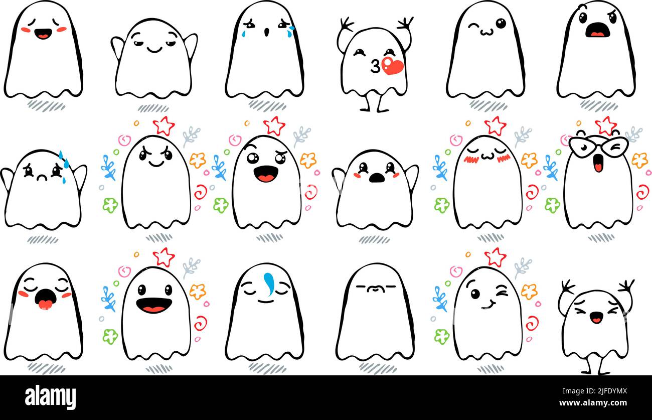 Set of Various Cartoon Ghosts with Emoticons. Doodle ghouls, eyes and ...