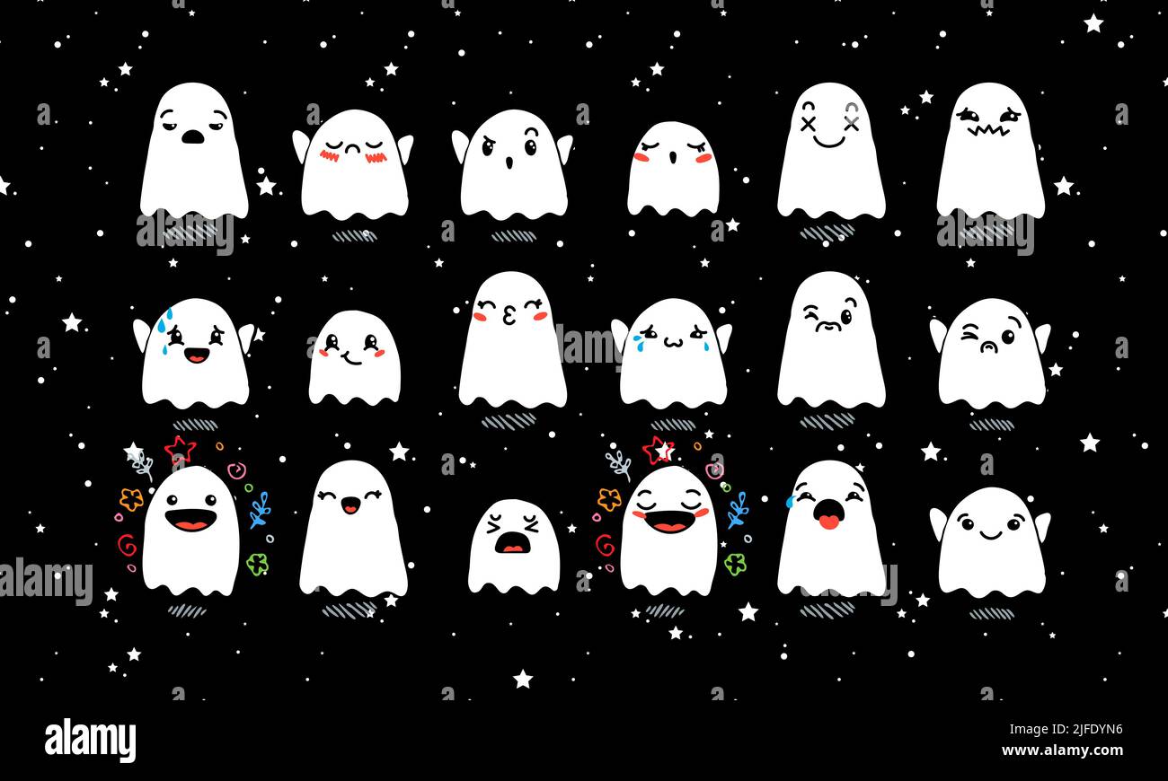 Set of Various Cartoon Ghosts with Emoticons. Doodle ghouls, eyes and ...