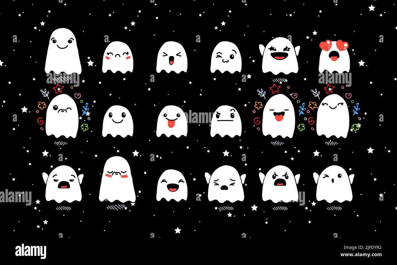 Set of Various Cartoon Ghosts with Emoticons. Doodle ghouls, eyes and ...