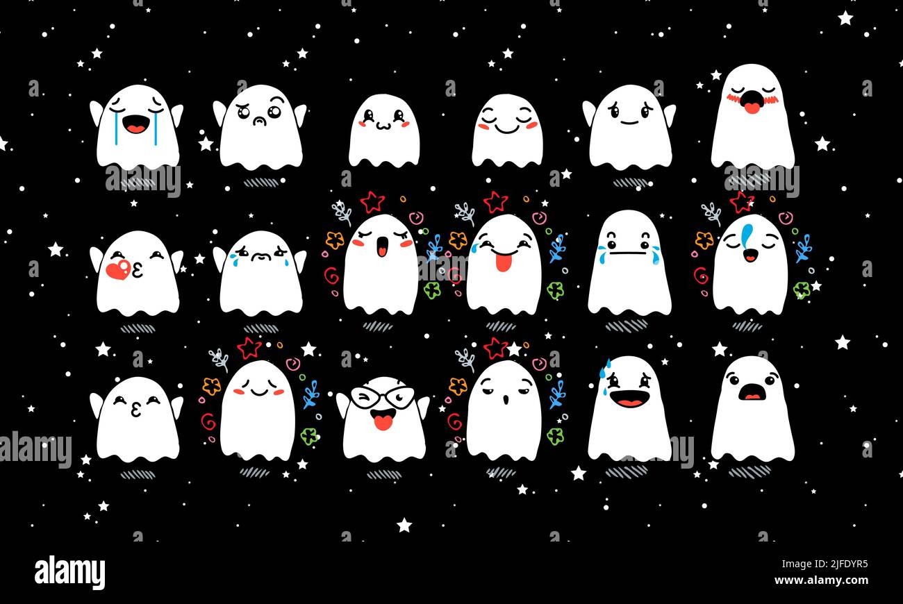 Set of Various Cartoon Ghosts with Emoticons. Doodle ghouls, eyes and ...