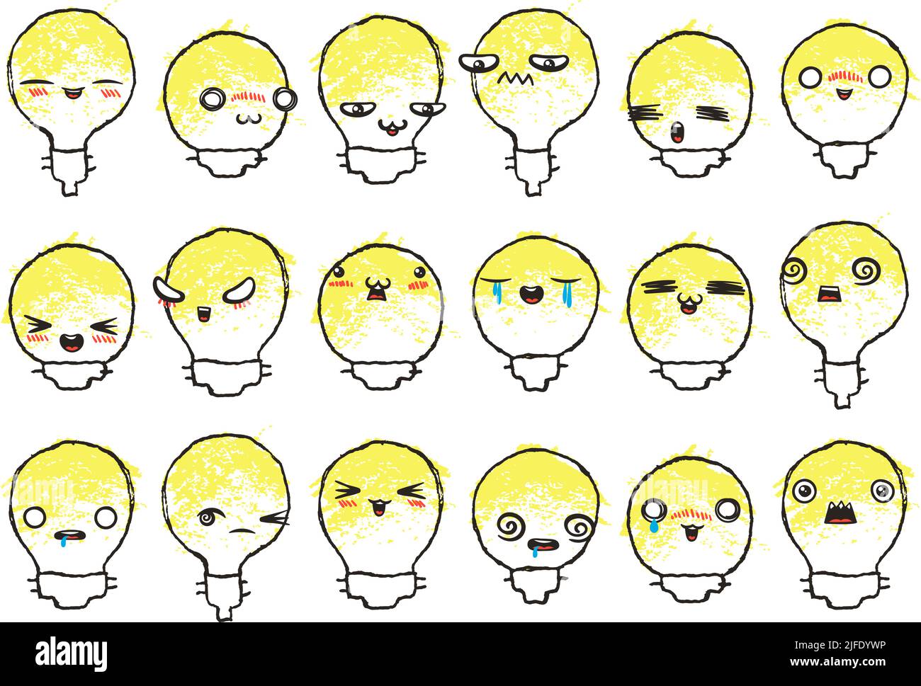 Set of Various Cartoon Bulbs with Emoticons. Doodle lightbulb, ideas ...