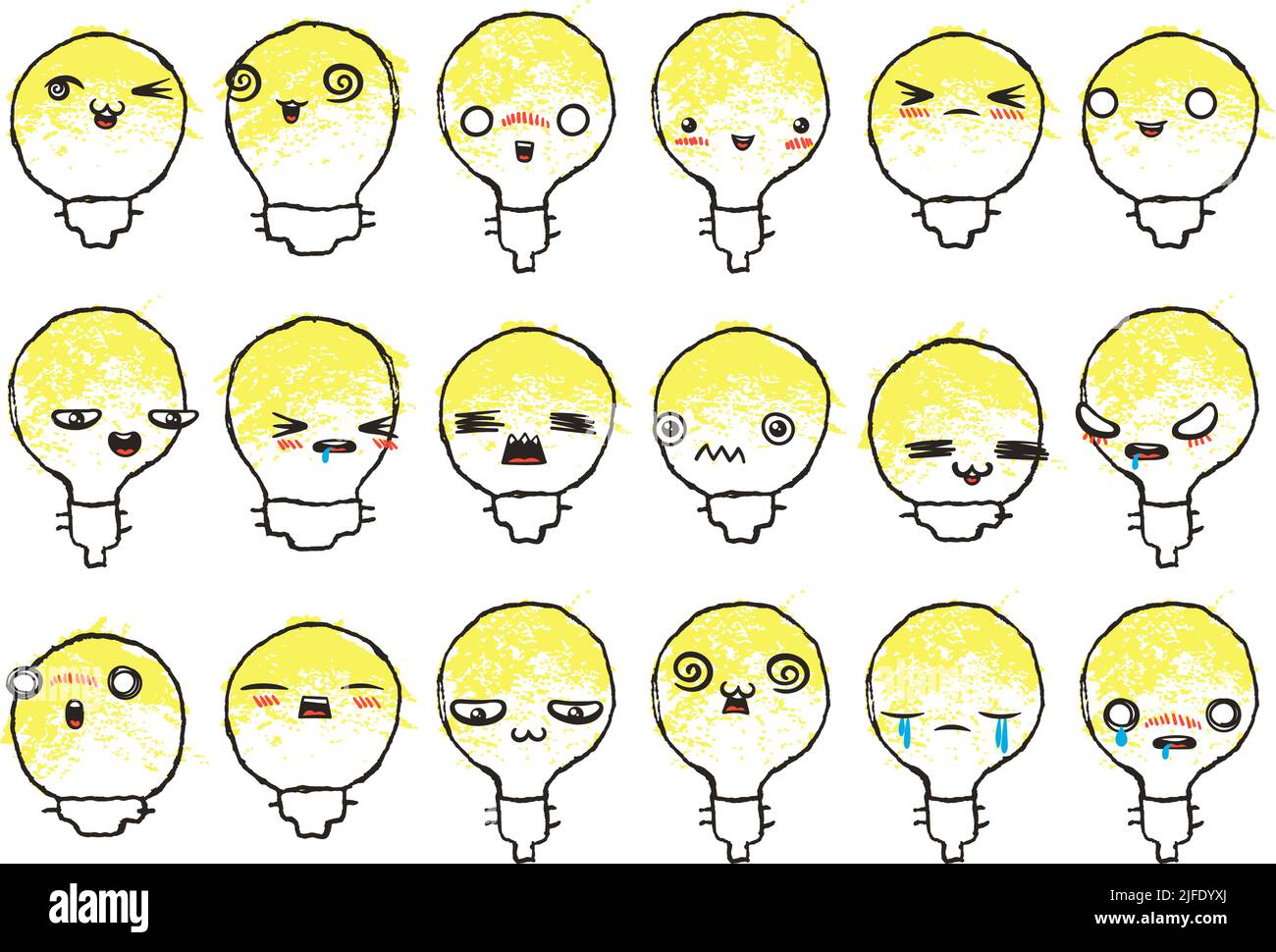Set of Various Cartoon Bulbs with Emoticons. Doodle lightbulb, ideas ...