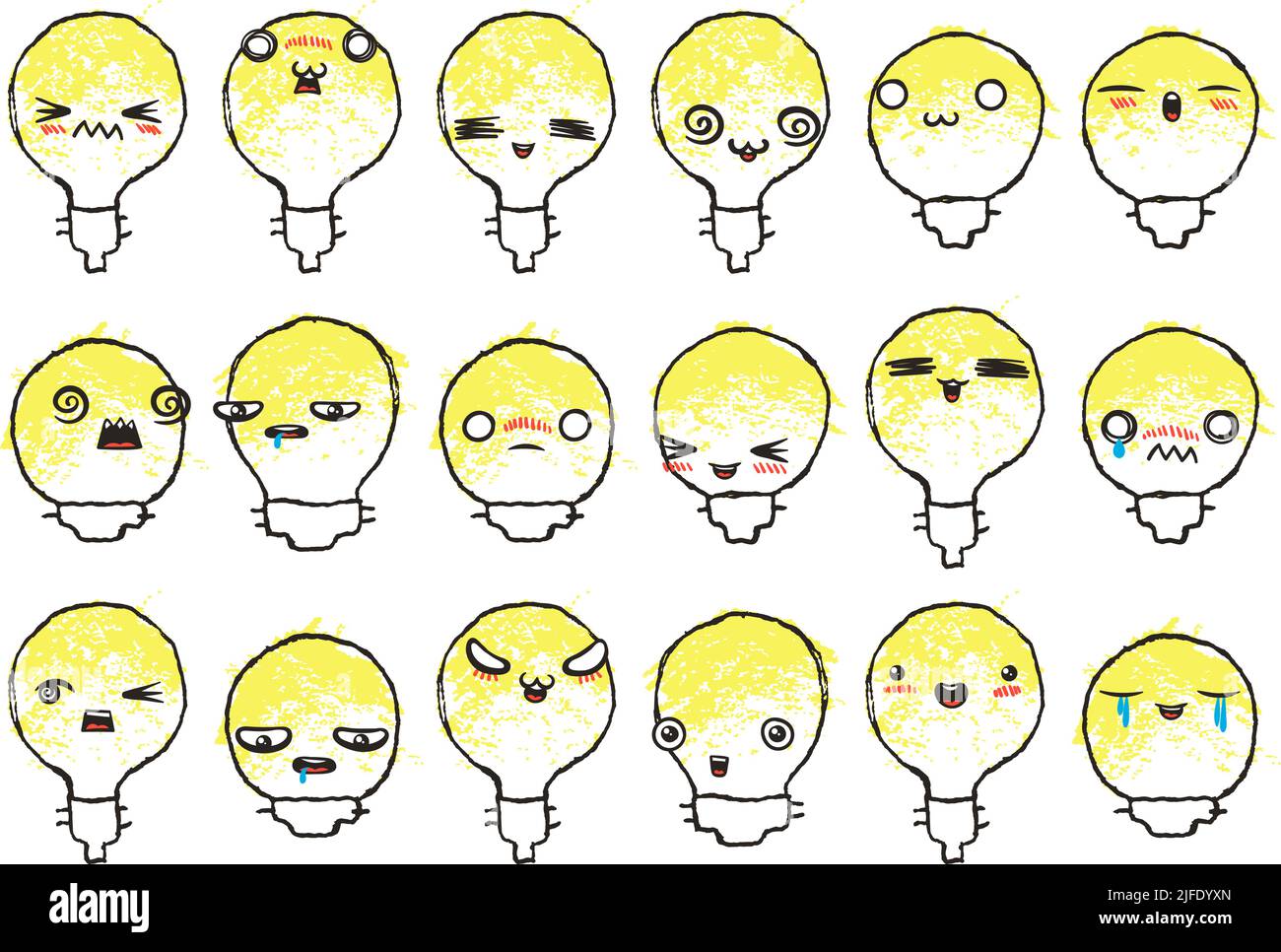 Set of Various Cartoon Bulbs with Emoticons. Doodle lightbulb, ideas ...