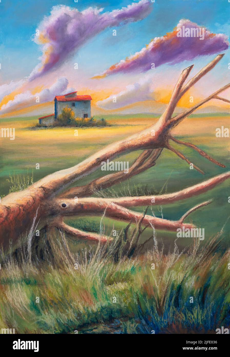 Tree branches in a rural landscape. Original painting on canvas Stock ...