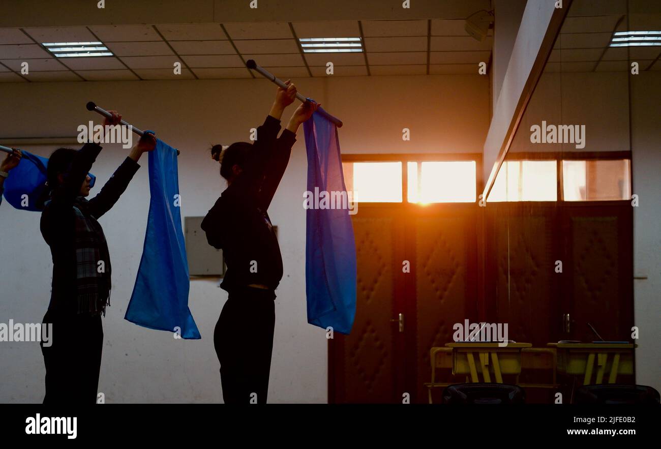 Two people demonstrating Asian martial art performance with blue flags ...