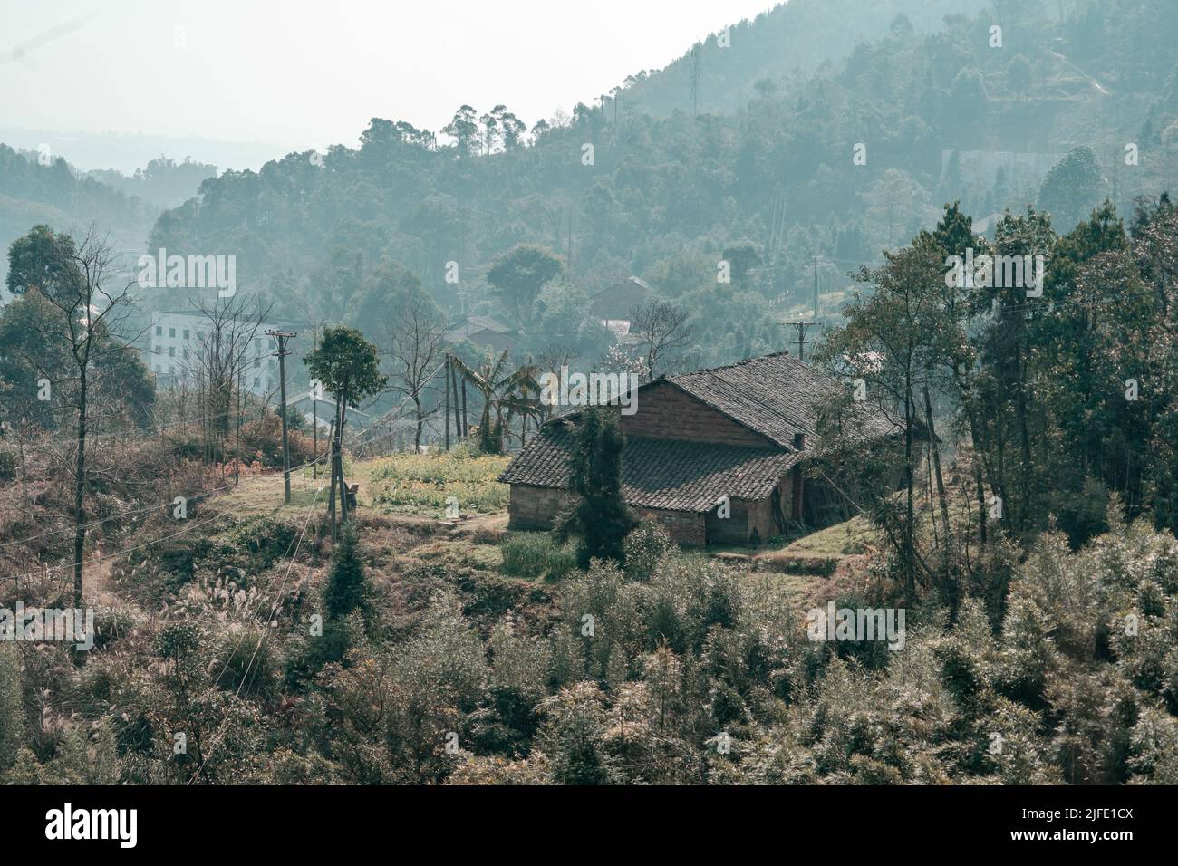 A landscape of village houses and trees with mountains in the ...