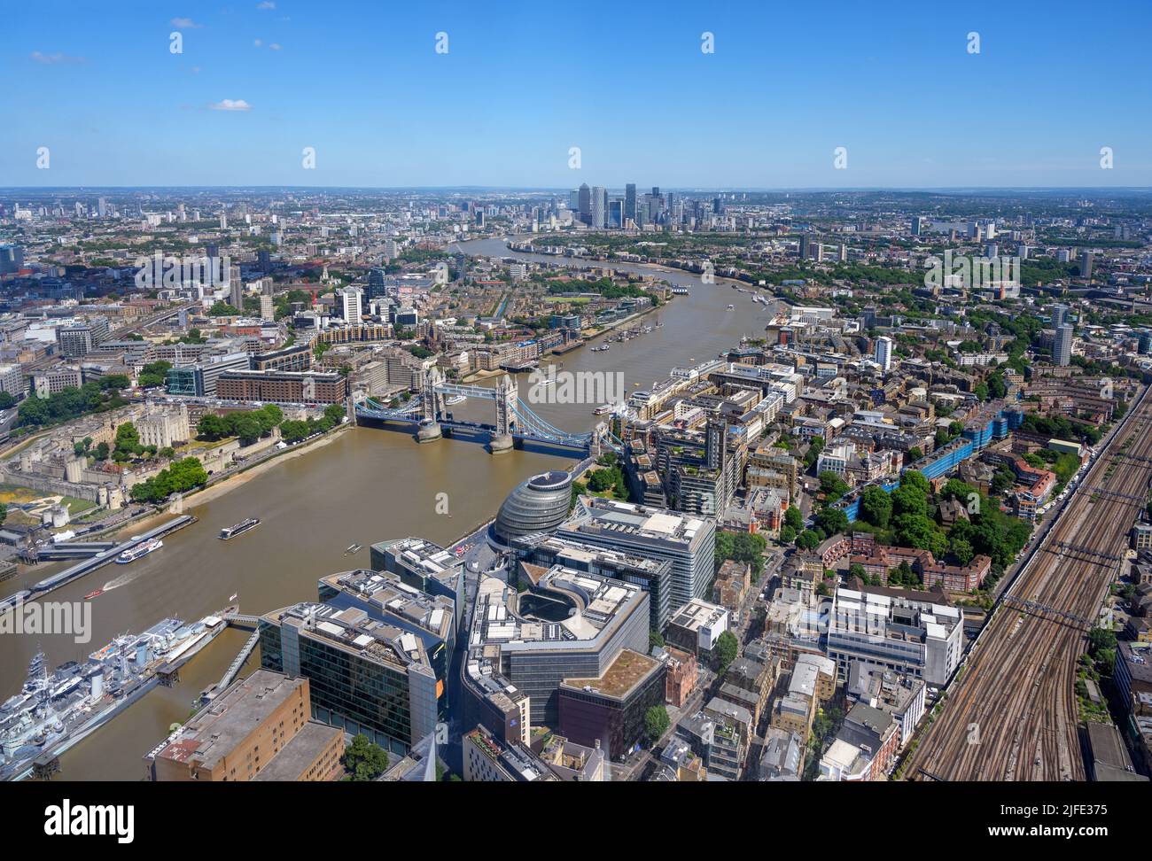 London. Aerial view over London, looking towards Tower Bridge, from the ...