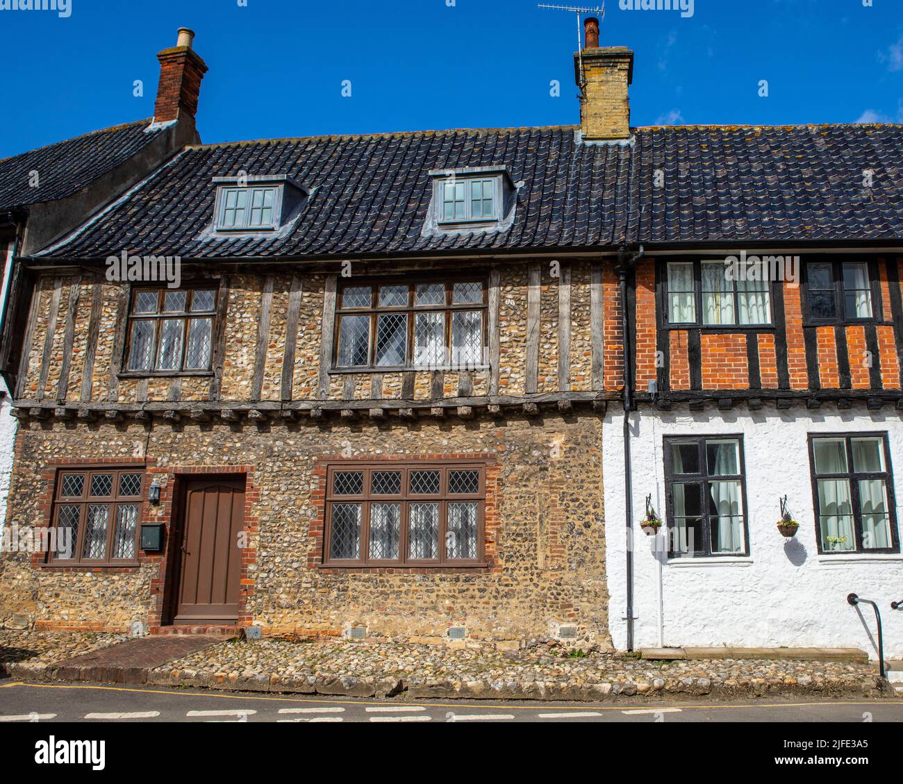 Norfolk, UK - April 7th 2022: A view of old half-timbered buildings in ...