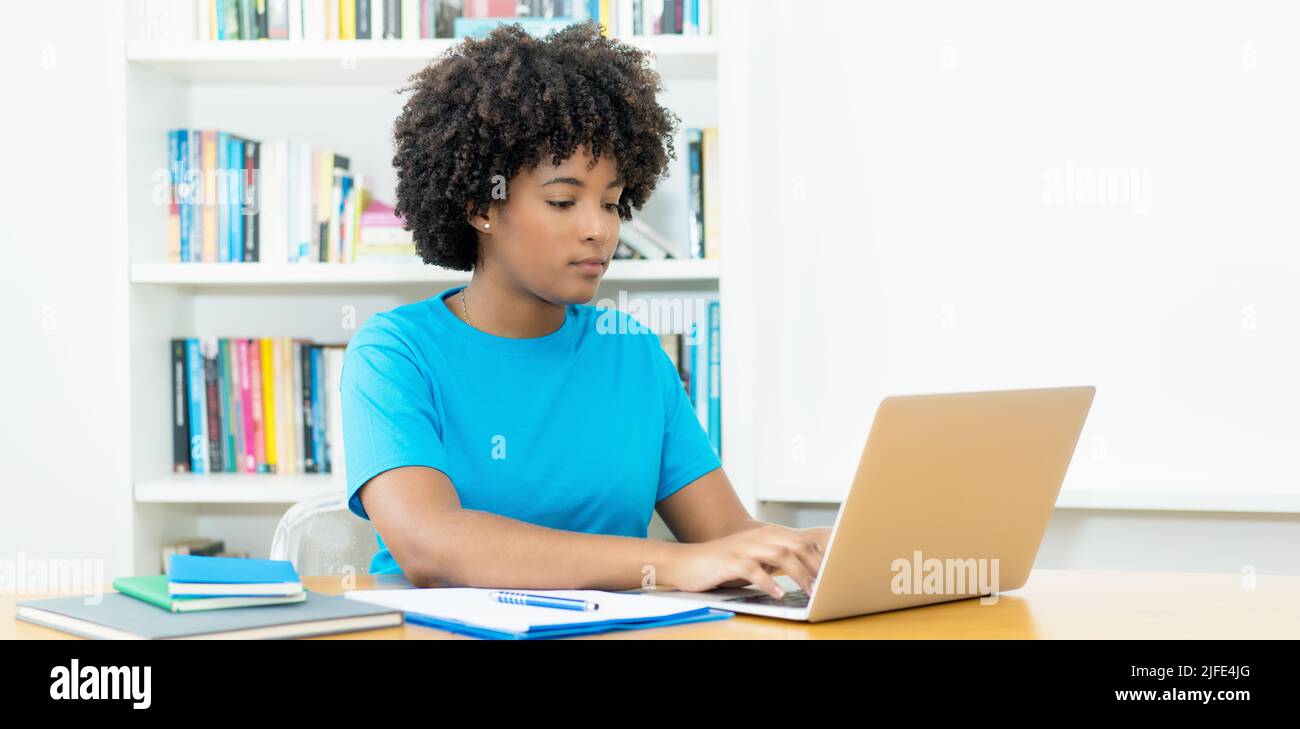 Serious african american female student learning at computer at desk at ...