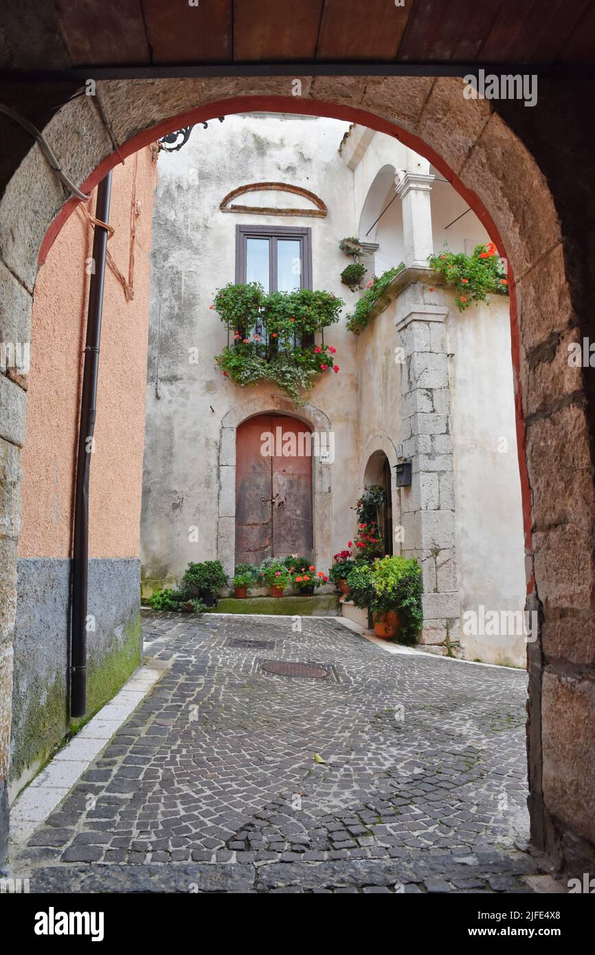 A vertical shot of a narrow street in Fornelli village in the Molise ...