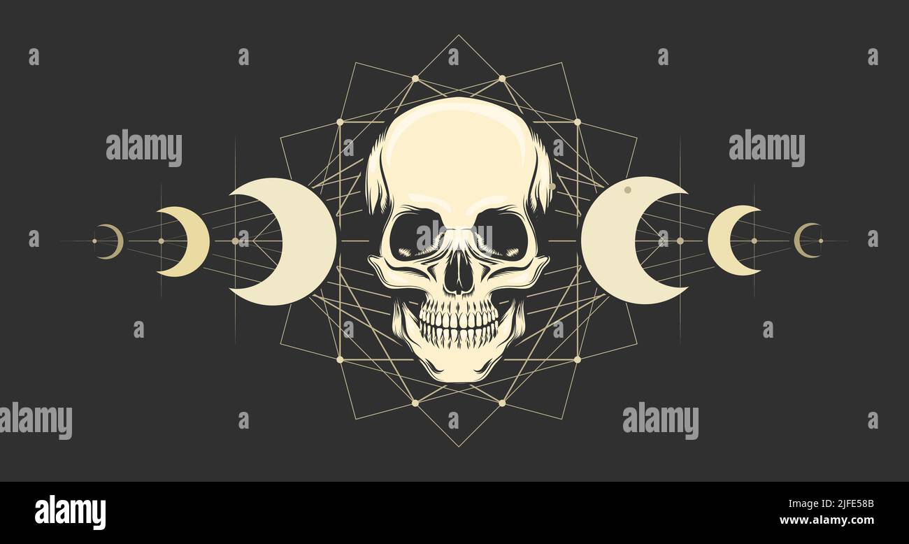Skull and Moon Phases Mystic Eblem on Black Background. Vector ...