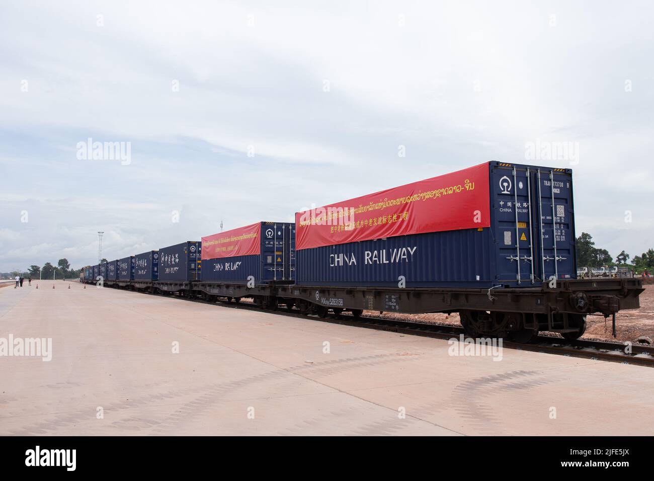 Vientiane. 1st July, 2022. Cross-border goods are reloaded at a freight ...