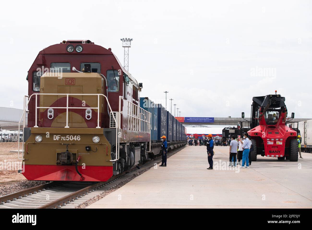 Vientiane. 1st July, 2022. Cross-border goods are reloaded at a freight ...