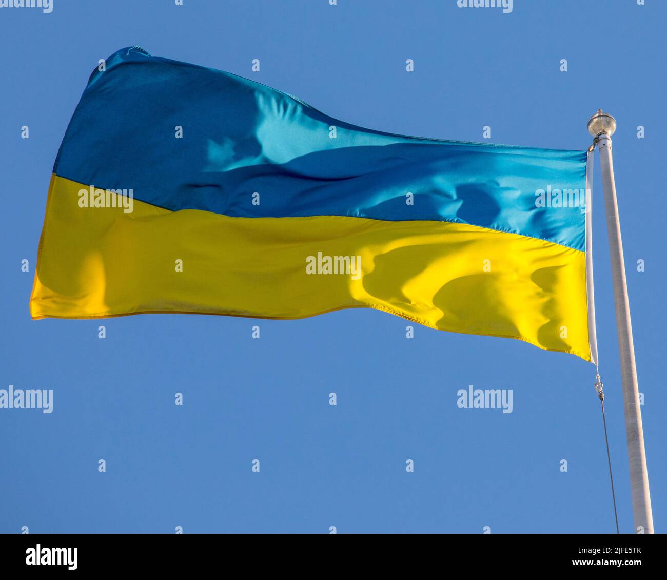 The Ukrainian flag flying over a clear blue sky Stock Photo - Alamy