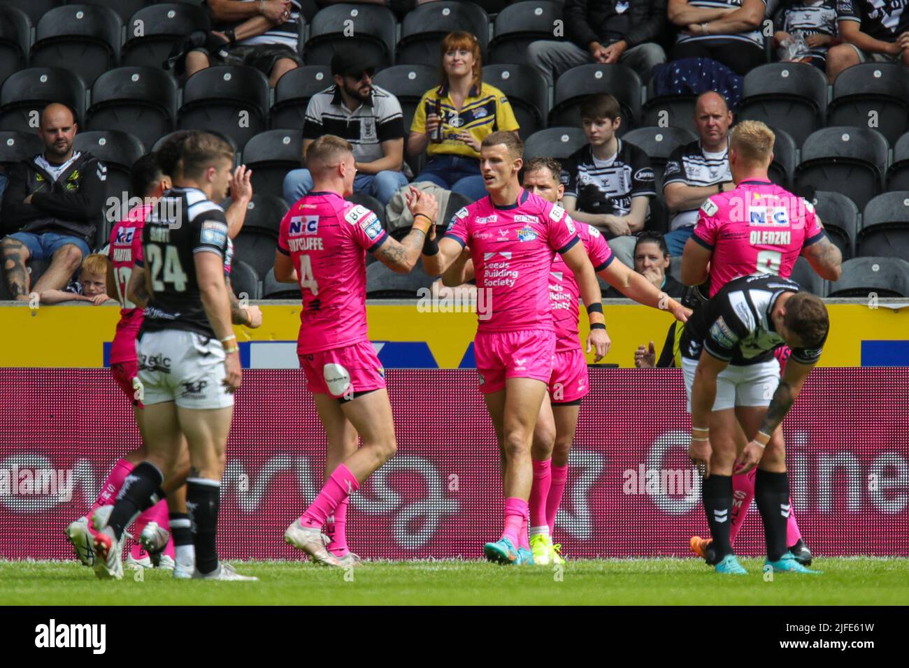 Ash Handley #5 of Leeds Rhinos celebrates his try and makes the score 0 ...