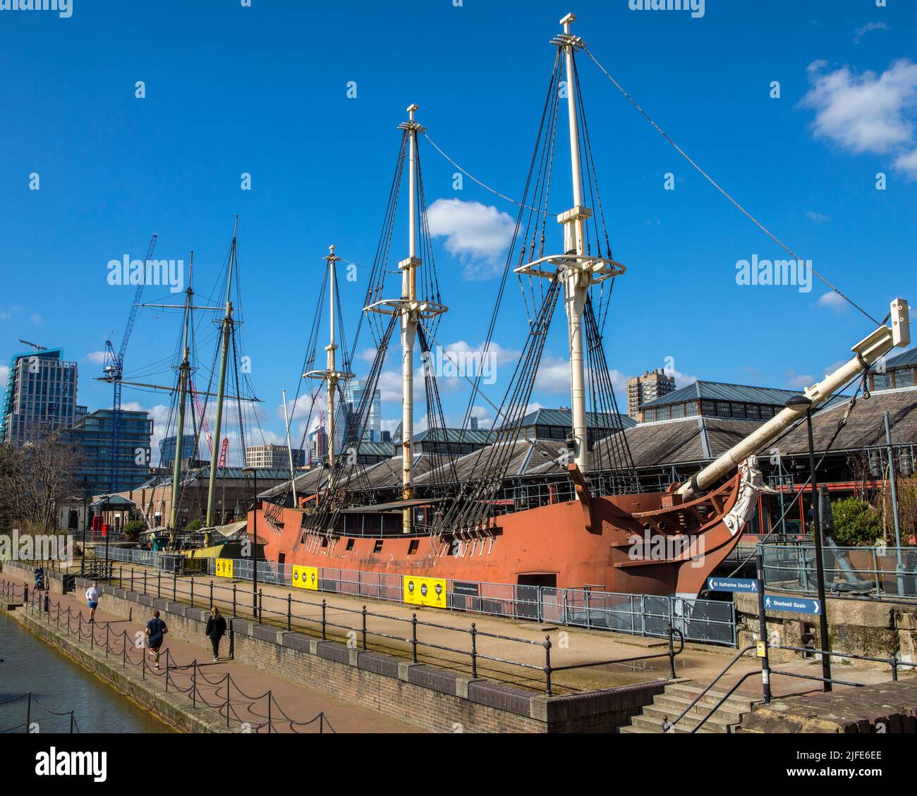 London, UK - March 17th 2022: Replica ships at the historic Tobacco ...