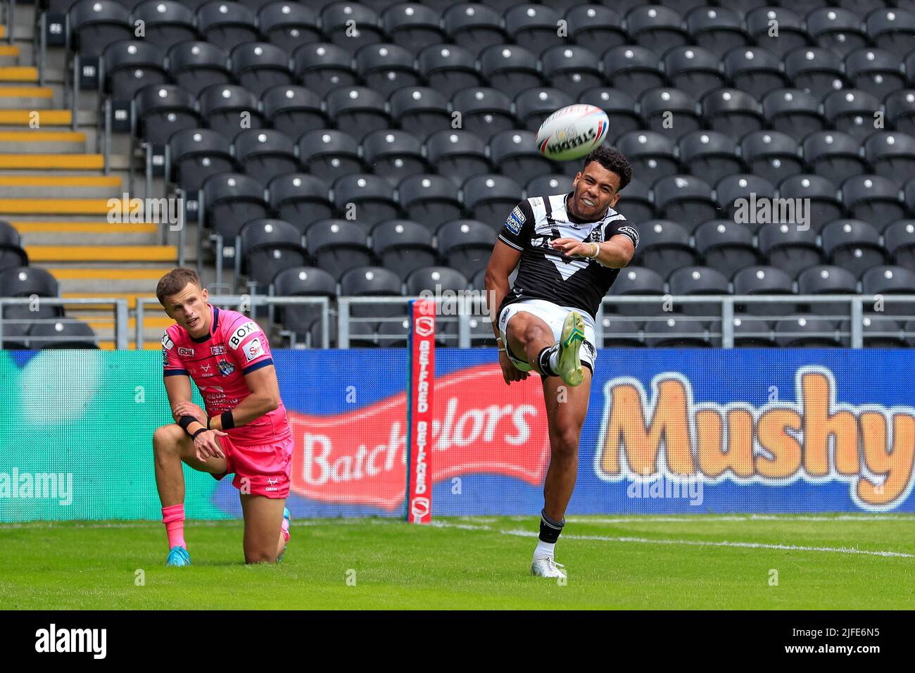 Darnell McIntosh #5 of Hull FC celebrates his try in the first half ...