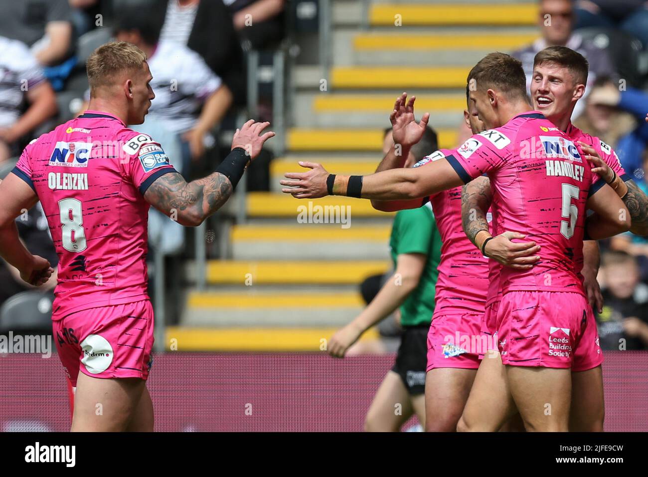 Ash Handley #5 of Leeds Rhinos celebrates his try Stock Photo - Alamy