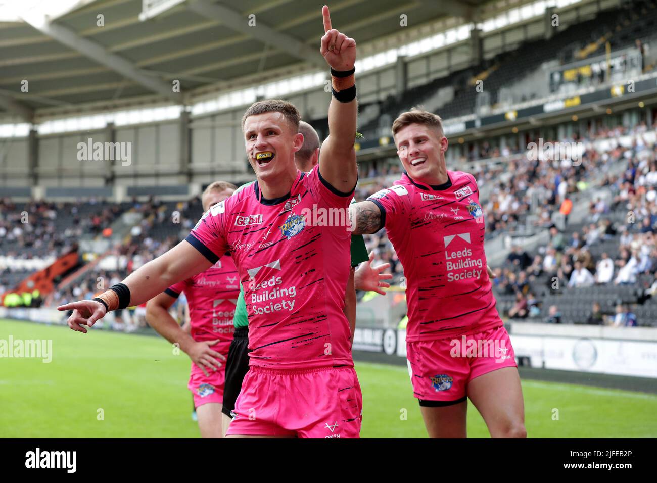 Leeds Rhino's Ash Handley celebrates after scoring during the Betfred ...