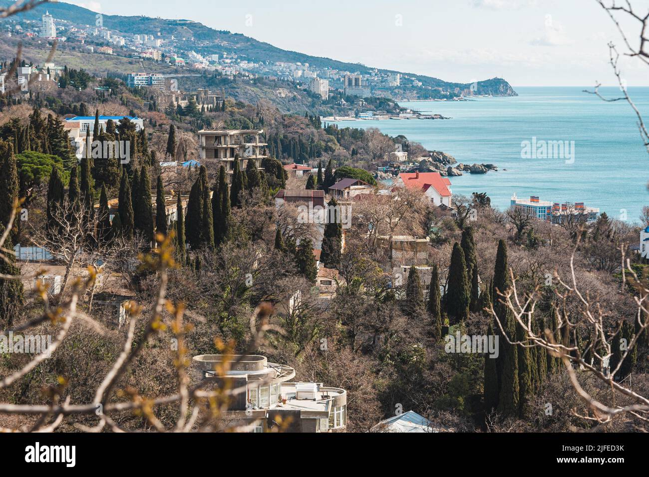 View of landscape coast of resort city Alupka from viewpoint in spring ...