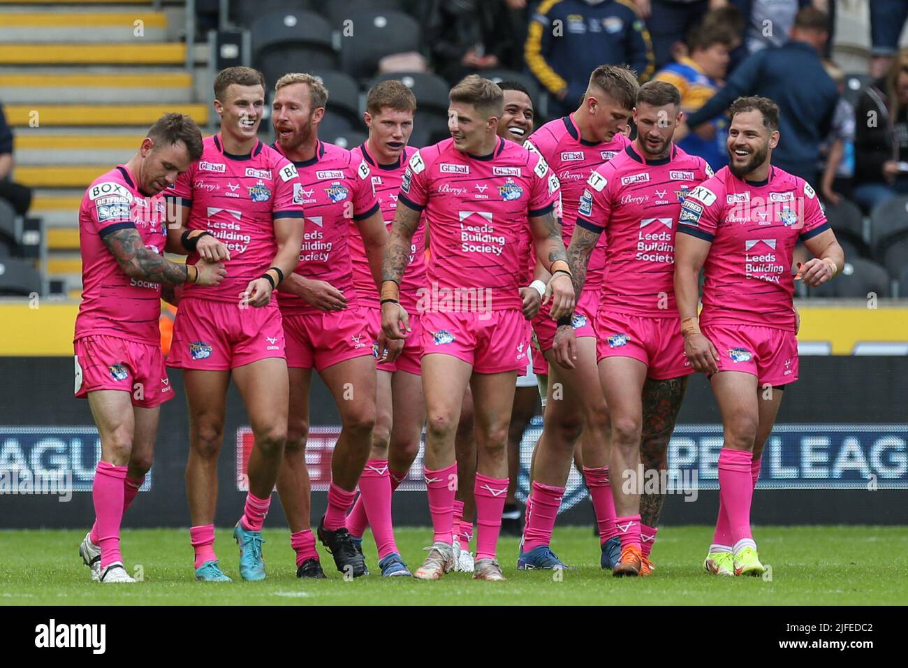 Ash Handley #5 of Leeds Rhinos celebrates his 5th try of the match to ...